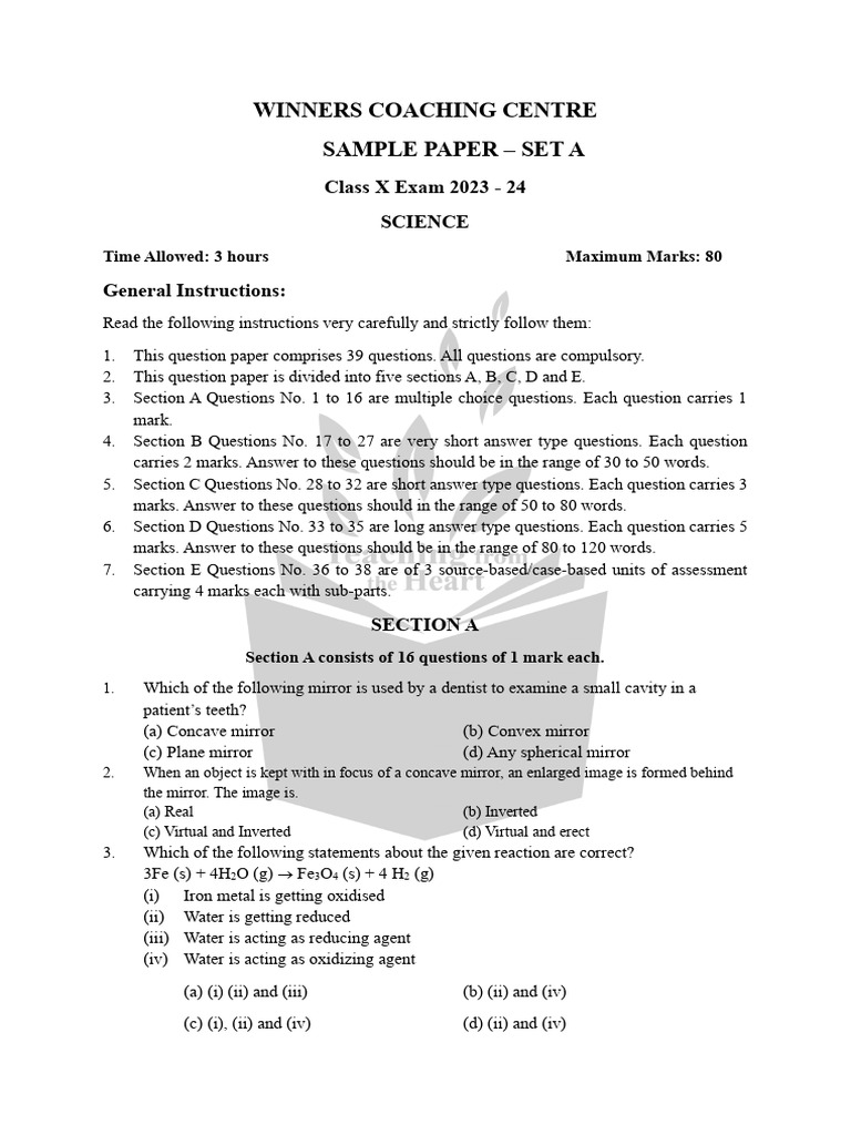 10th Science QSTN Paper Set A | PDF | Acid | Mirror