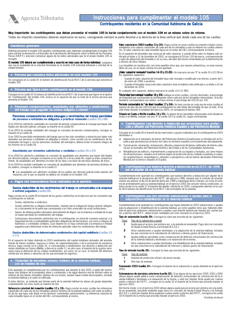 Modelo 105 (Galicia - Instrucciones) | PDF | Otorgar dinero) | Propiedad