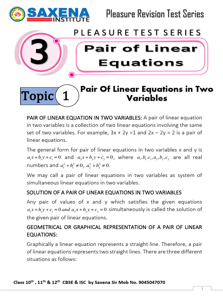 Pair Of Linear Equations Explained Pdf Equations Mathematical
