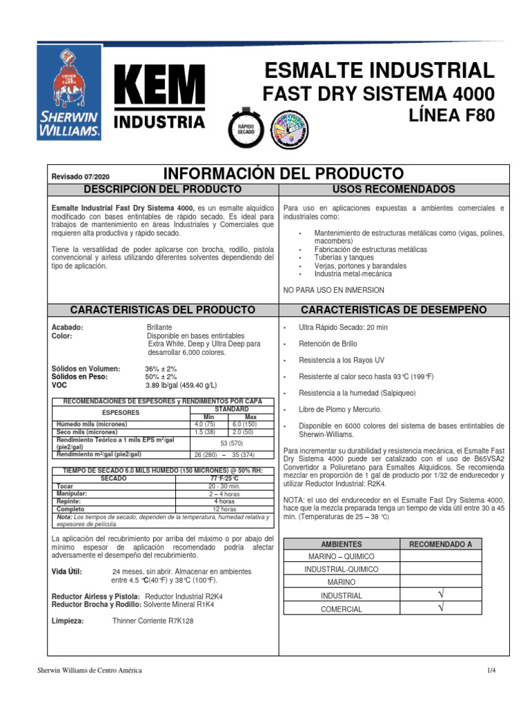 HojaTecnica-Kem Esmalte Industrial Fast Dry Entintable | PDF | Pintar ...