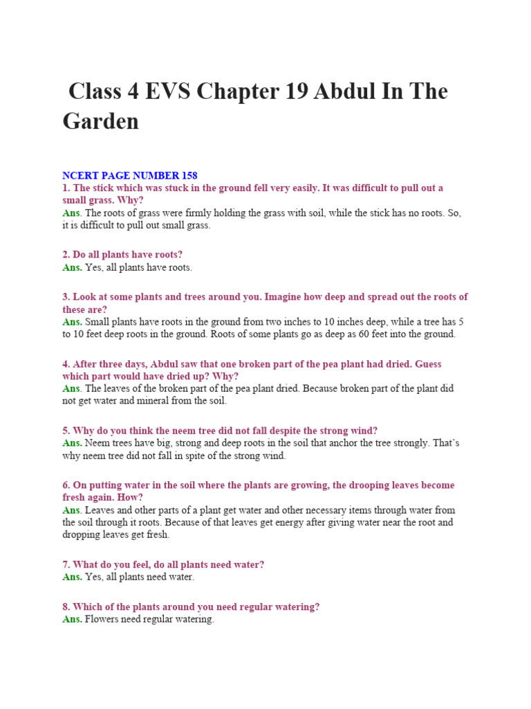 Class 4 Evs Chapter 19 Abdul In The Garden Pdf Root Plants
