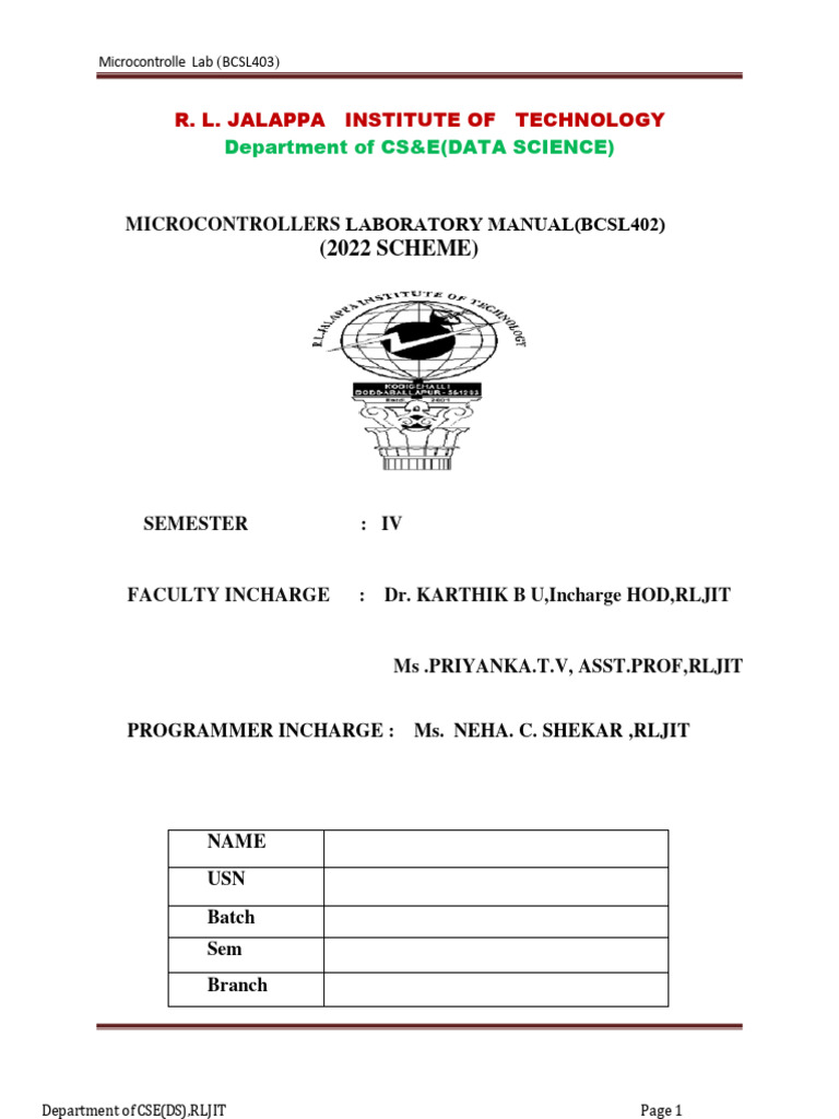 Microcontrollers Lab Manual Pdf Data Science Microcontroller
