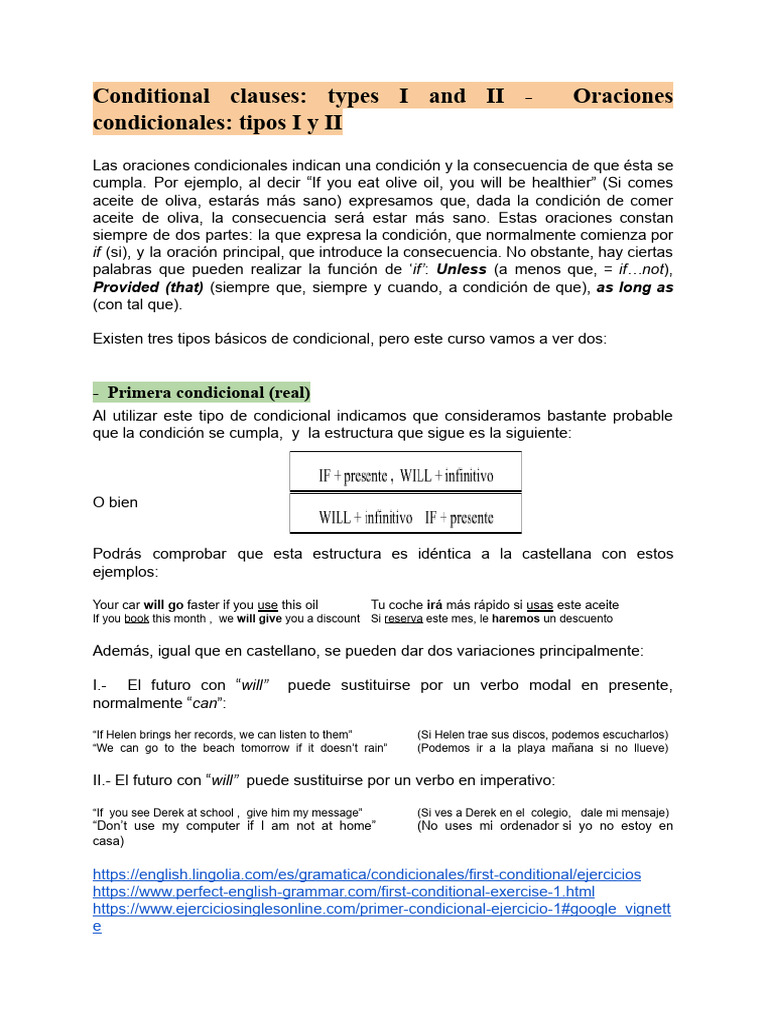 A1- Conditional clauses- types I & II -1 | PDF | Morfología Lingüística | Tipología Lingüística
