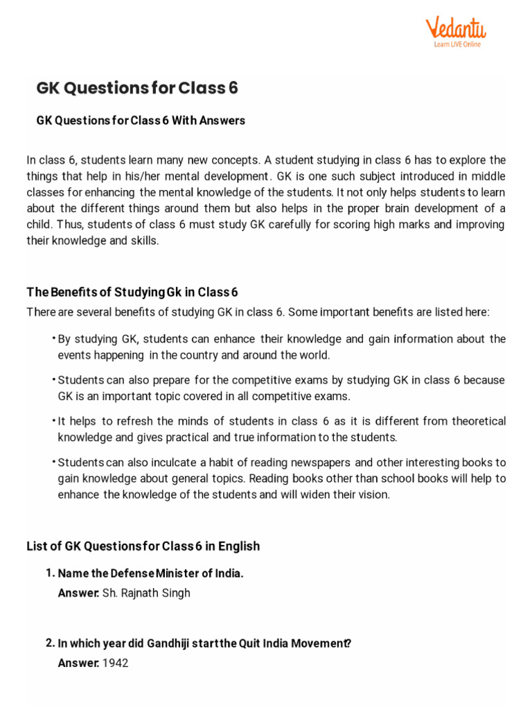 GK Questions For Class 6 | PDF
