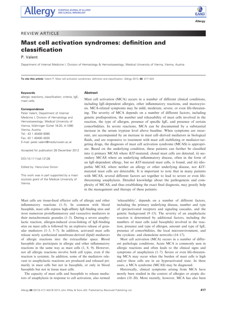 Mast Cell Activation Syndromes Definition and Classification | PDF ...