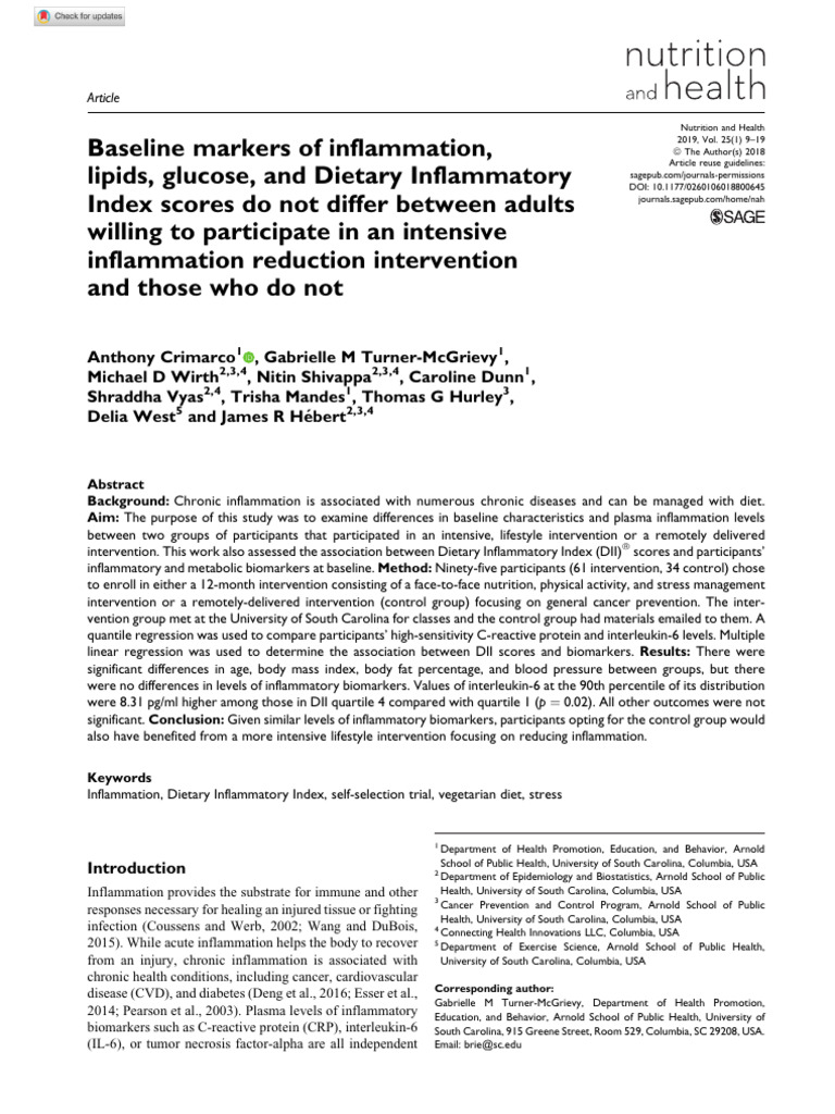 Baseline Markers of Inflammation Lipids Glucose and Dietary ...