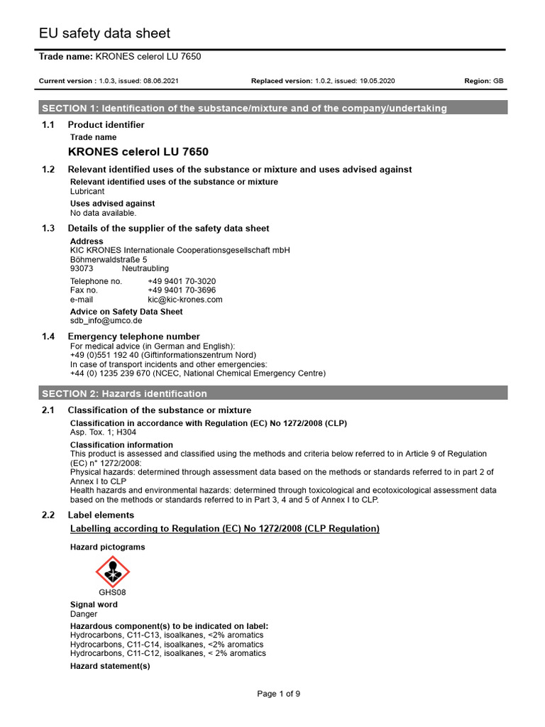 KRONES Celerol LU 7650 Safety Data Sheet | PDF | Toxicity ...