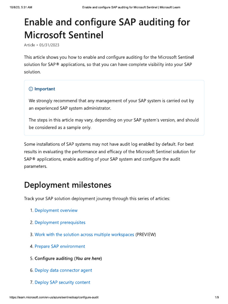 Enable and Configure SAP Auditing For Microsoft Sentinel | PDF