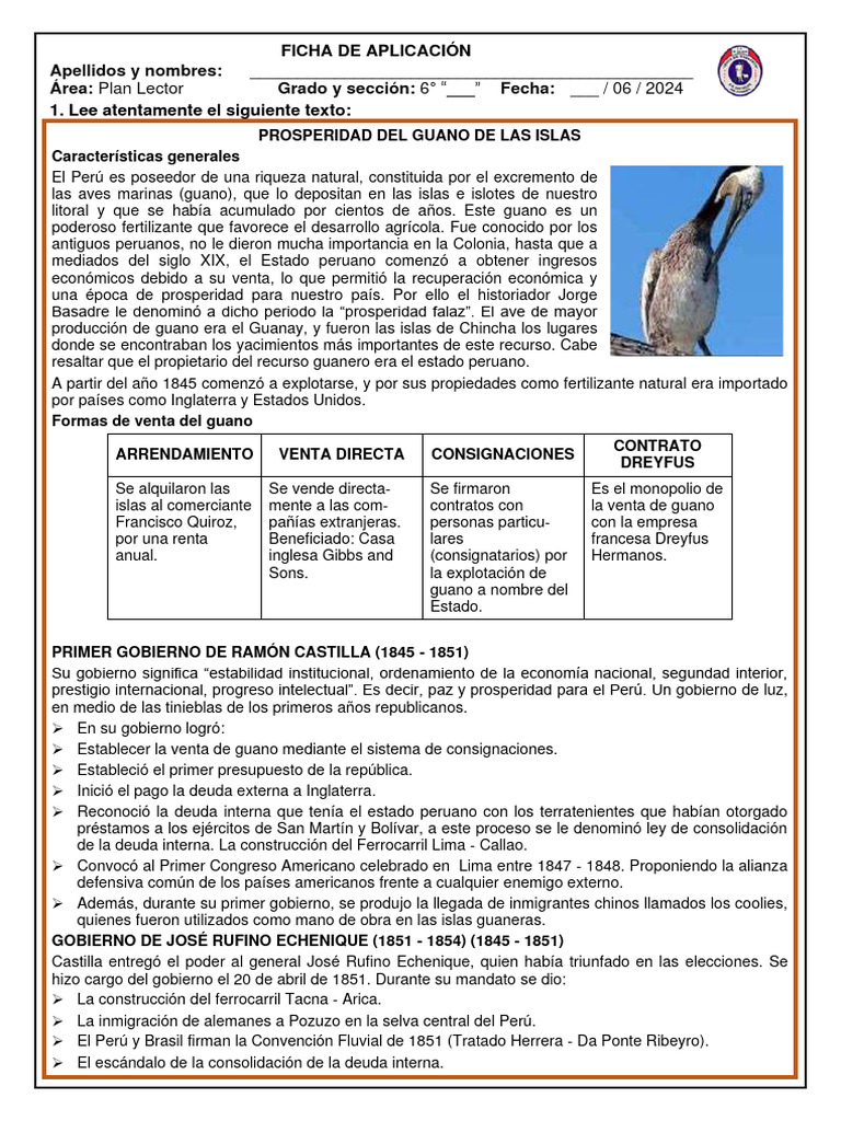 Ficha 08 - Plan Lector - Leemos Un Texto Sobre La Prosperidad Del Guano | PDF