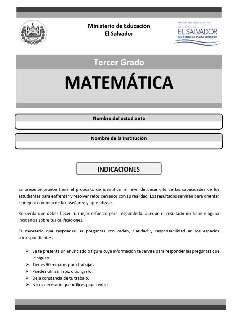Prueba Matemática Tercer Grado | PDF