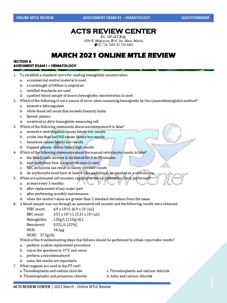 1 Hema Questionnaire | PDF | Anemia | Coagulation