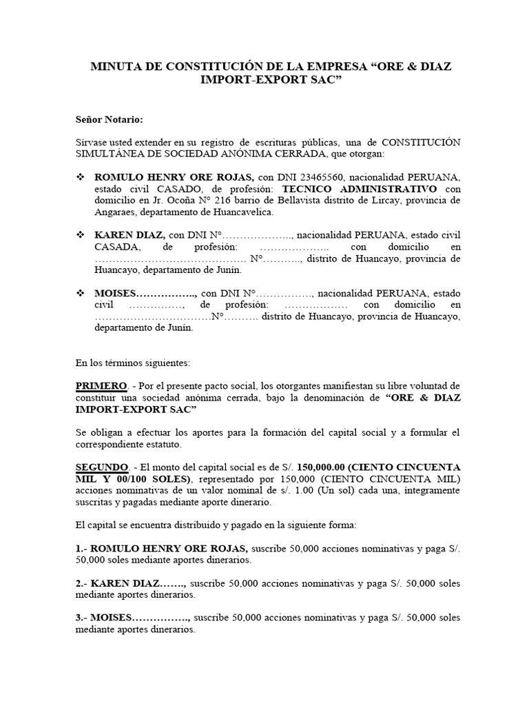 Minuta de Constitución de La Empresa | PDF | Bancos | Pagaré