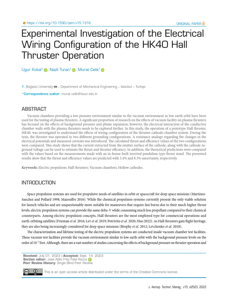 HK40 Hall Thruster Wiring Study | PDF | Spacecraft Propulsion | Electron
