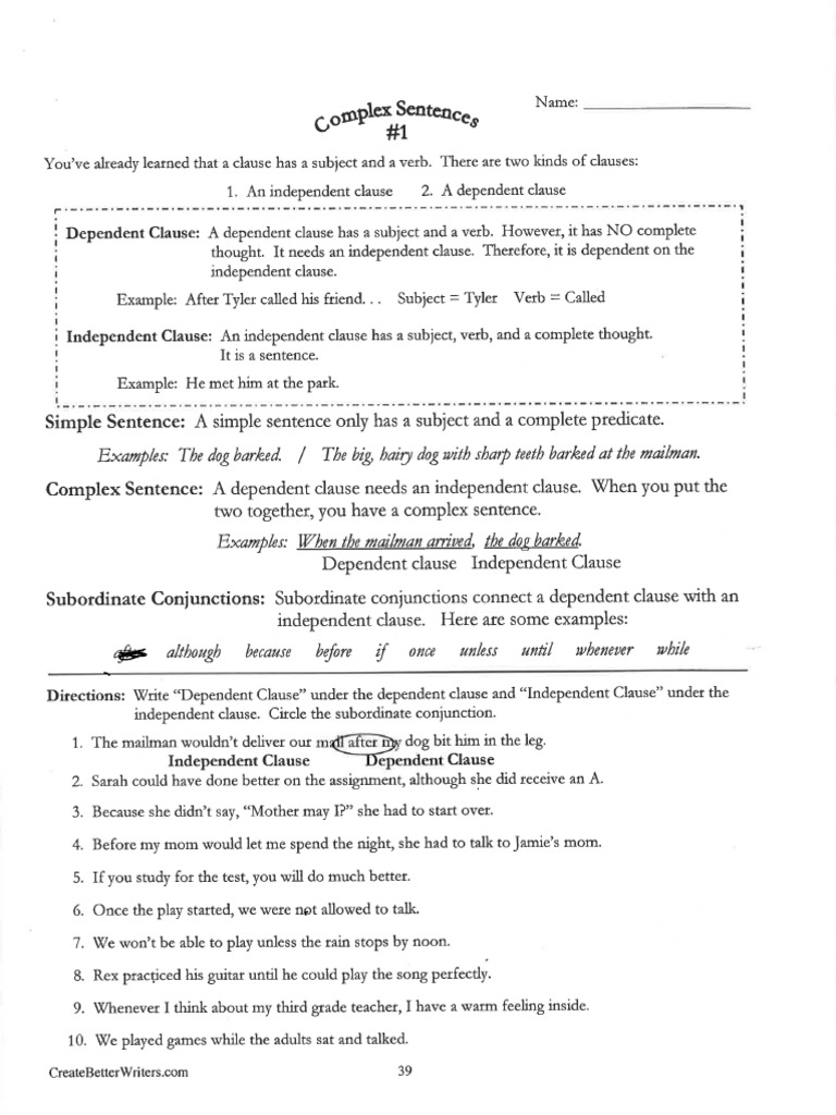 Complex Sentence Practice | PDF