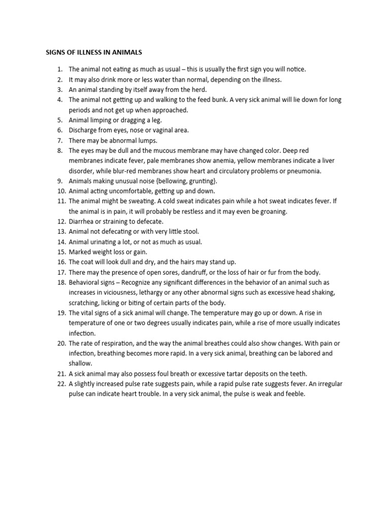 Signs of Illness in Animals | PDF | Perspiration | Breathing