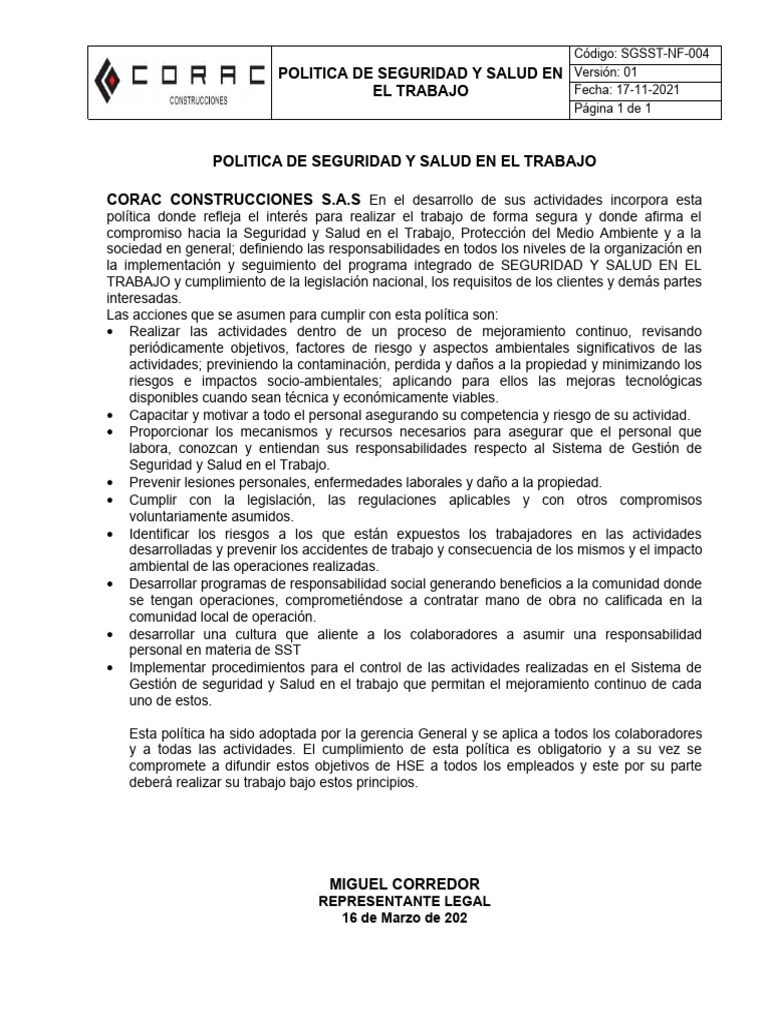 SGSST-NF-004. POLITICA DE SST | PDF | Valores