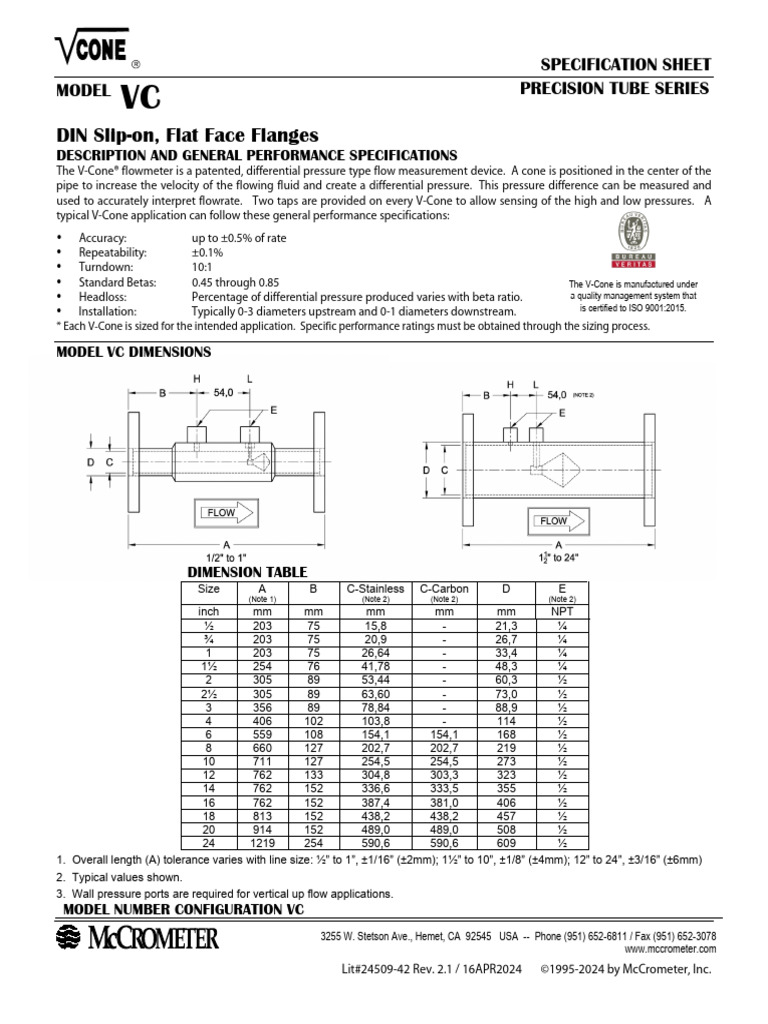 DIN Slip-On, Flat Face Flanges: Specification Sheet Model Precision ...
