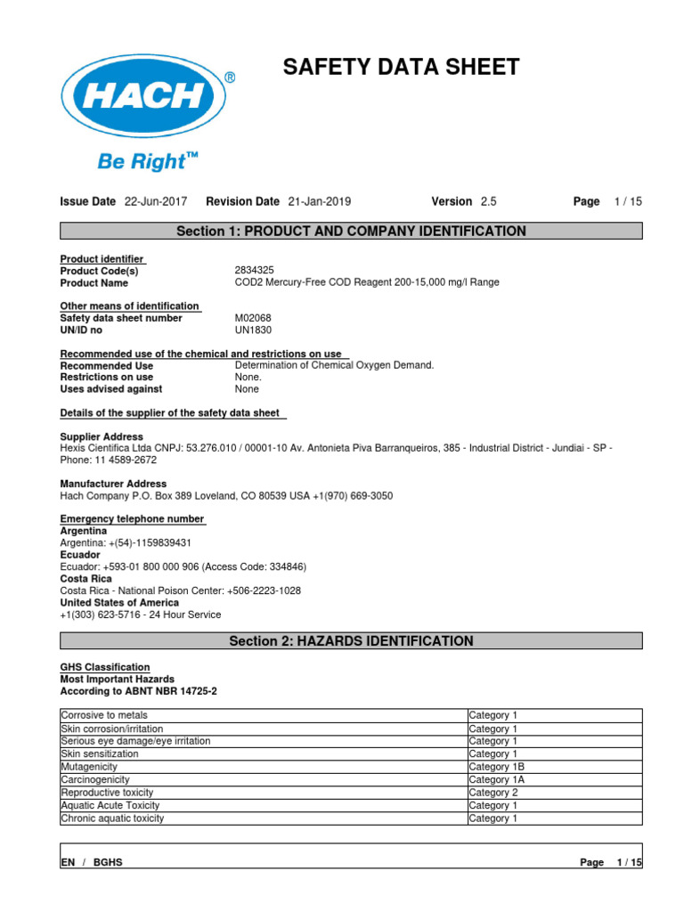 COD2 Mercury-Free COD Reagent 200-15,000 MGL Range | PDF | Toxicity ...