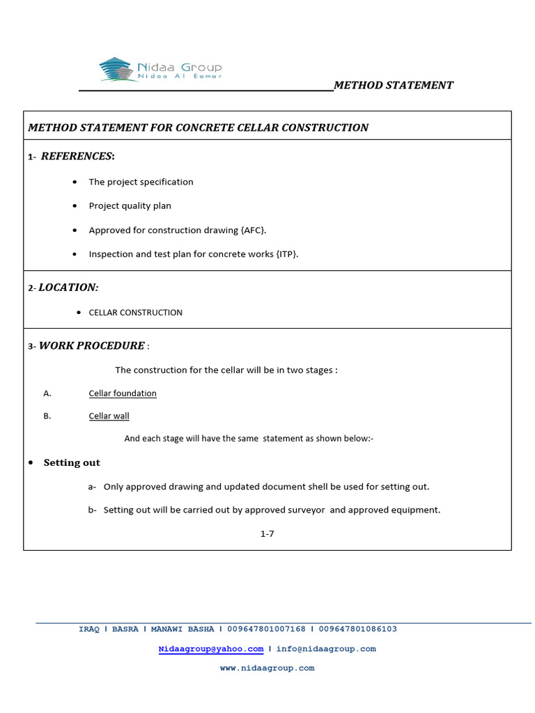 NIDAA METHOD STATEMENT - Concrete Work - Draft | PDF | Concrete | Basement