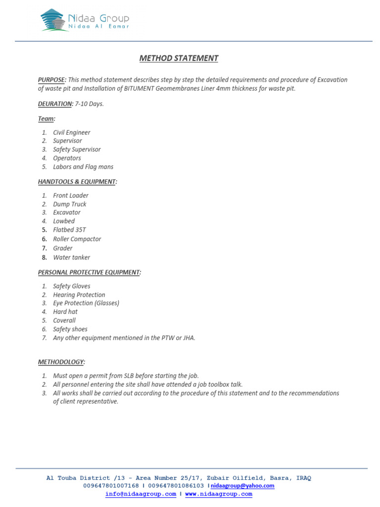 Method Statment For BITUMENT Geomembranes | PDF | Welding | Construction
