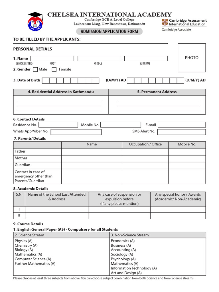 Chelsea International Academy Admission Form | PDF