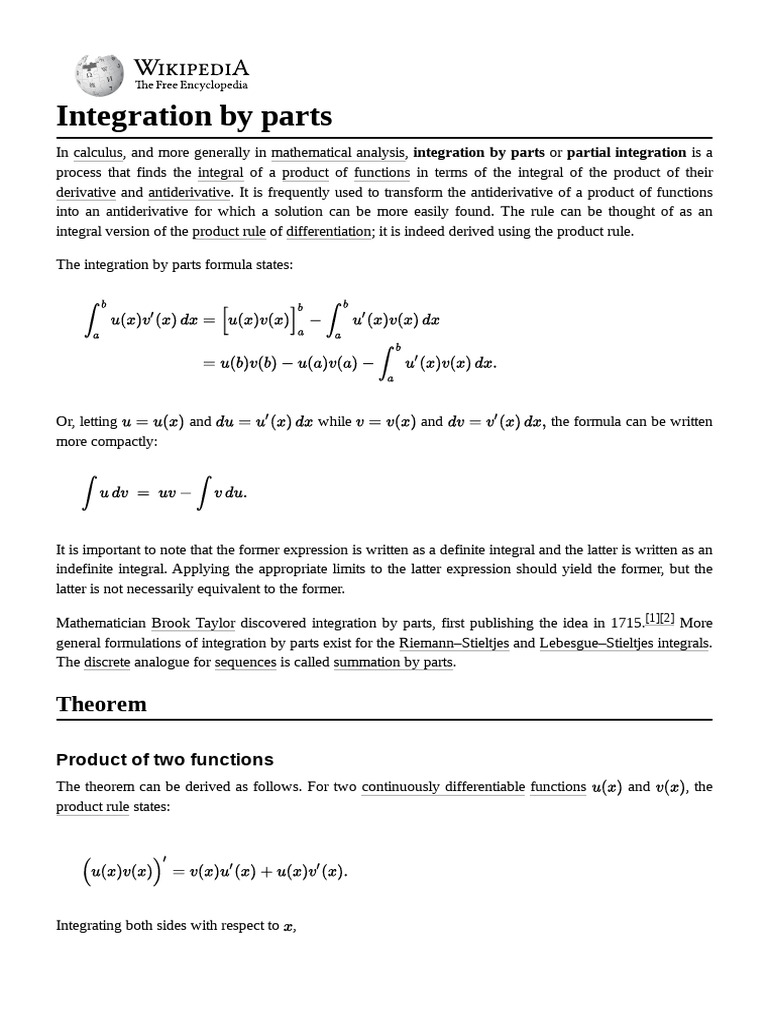 Integration by Parts | PDF | Integral | Mathematical Analysis