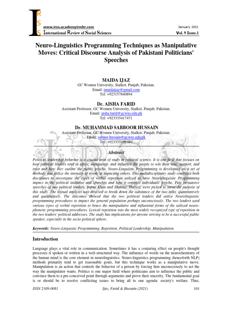 Neuro-Linguistics Programming Techniques As Manipulative Moves: Critical Discourse Analysis of ...