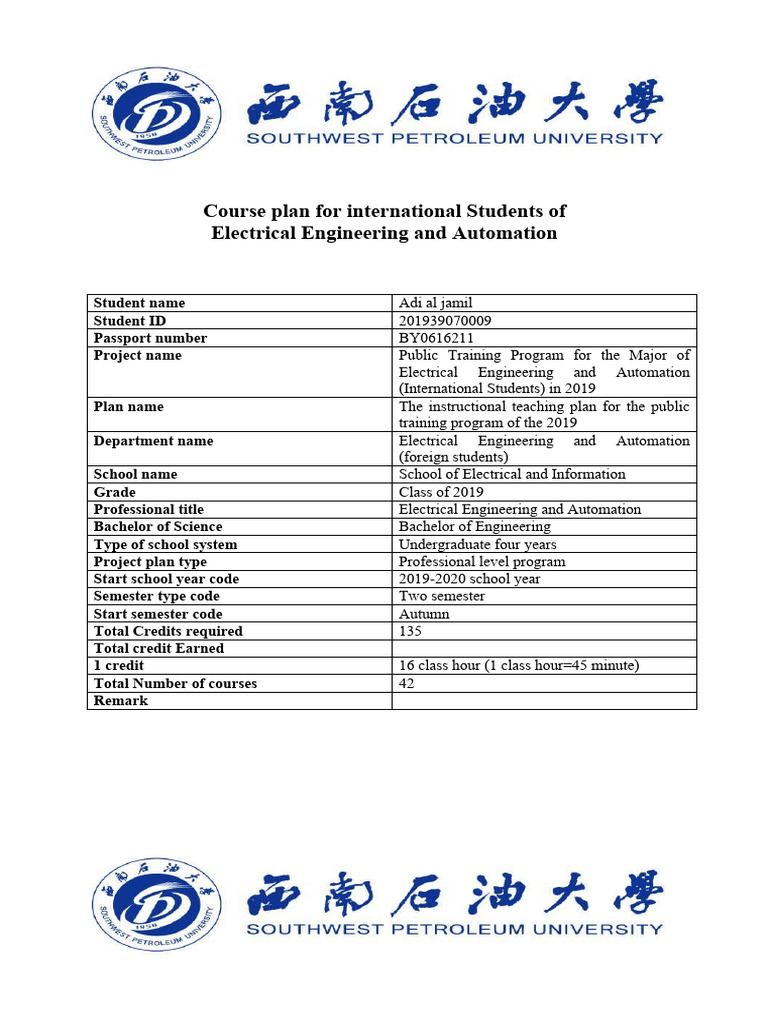 Courses Plan For International Students of Electrical Engineering and Its Automation, Name - Adi ...