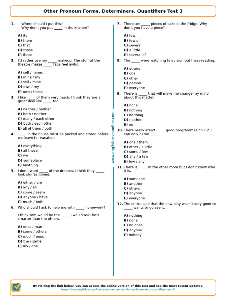 Other Pronoun Forms, Determiners, Quantifiers Test 3 | PDF