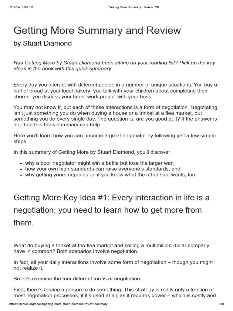 Summary of "Getting More" by Stuart Diamond | PDF | Negotiation | Goal