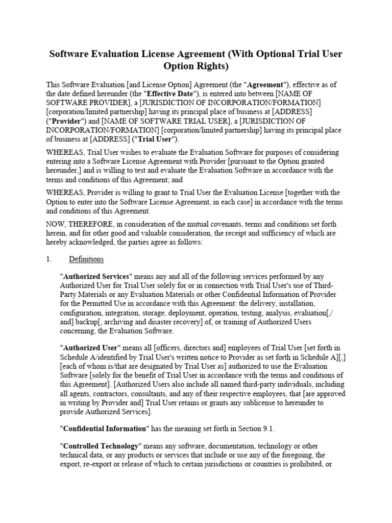 Software Evaluation License Agreement With Optional Trial User Option ...