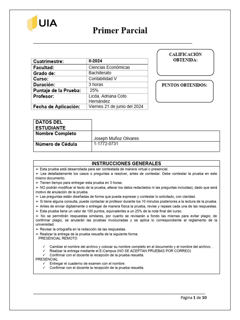 Primer Examen Parcial Contabilidad V 21 de Junio Del 2024 | PDF | Estado financiero | Business