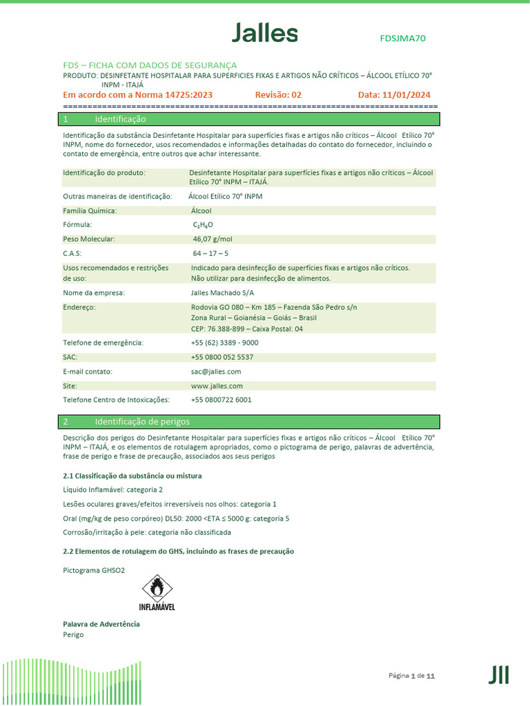 FISPQ FDS Álcool 70 Liquido - JM - Rev 02 | PDF | Substancias químicas ...