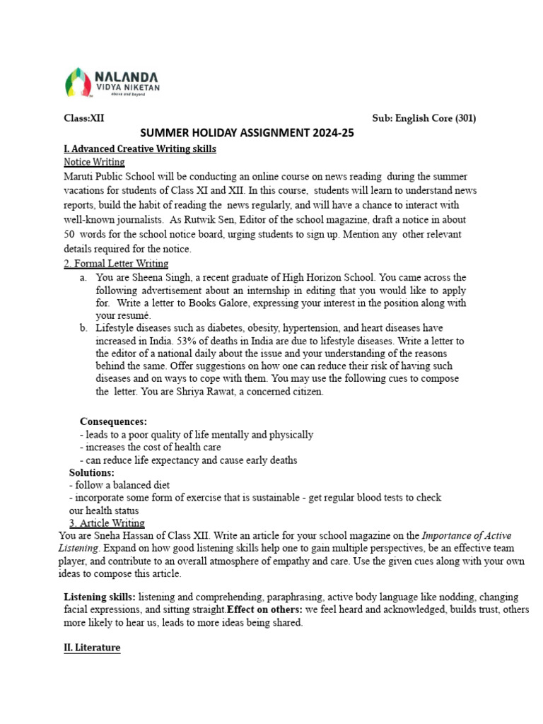 Xii Cbse Summer Holiday Assignment 2024-25 | PDF | Language Arts ...