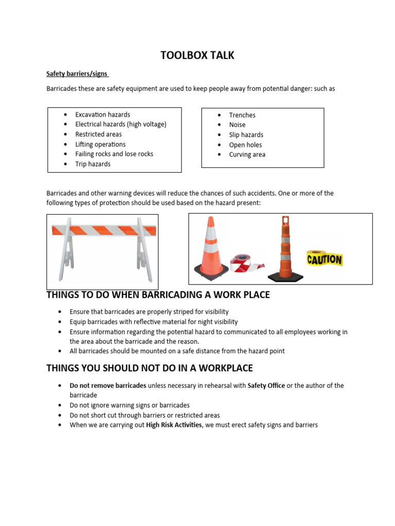 Draft TOOLBOX TALK Barricades | PDF