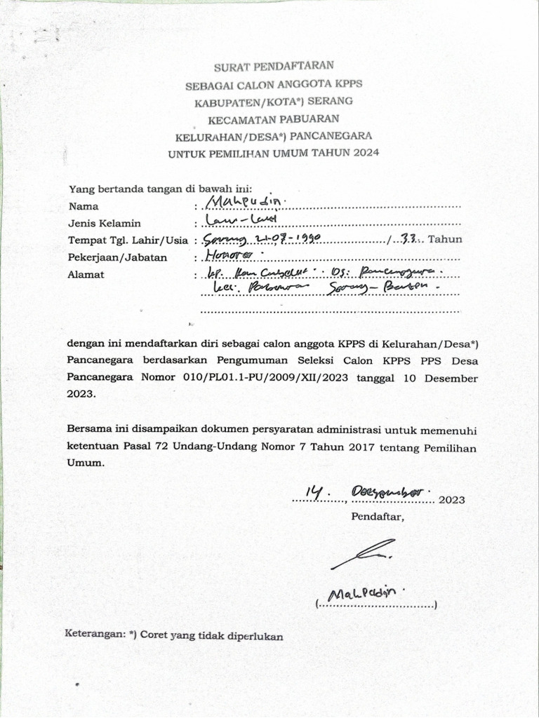 SURAT PENDAFTARAN CALON KPPS (p1) | PDF