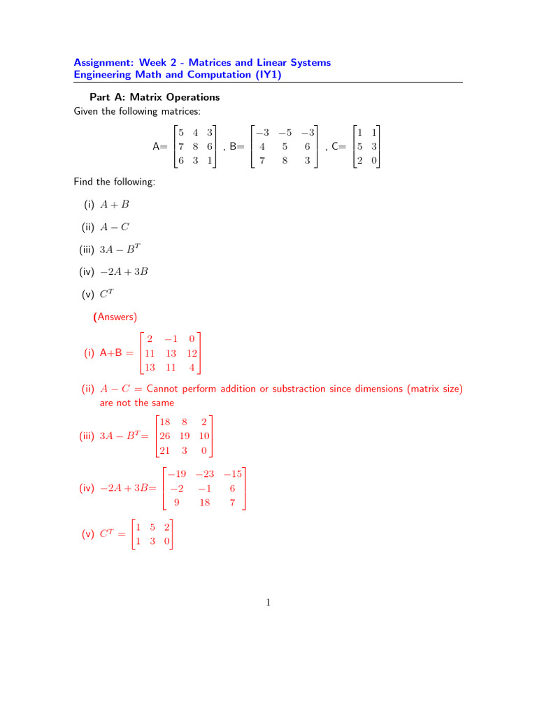 Matrices and Linear Systems Assignment | PDF | Matrix (Mathematics ...