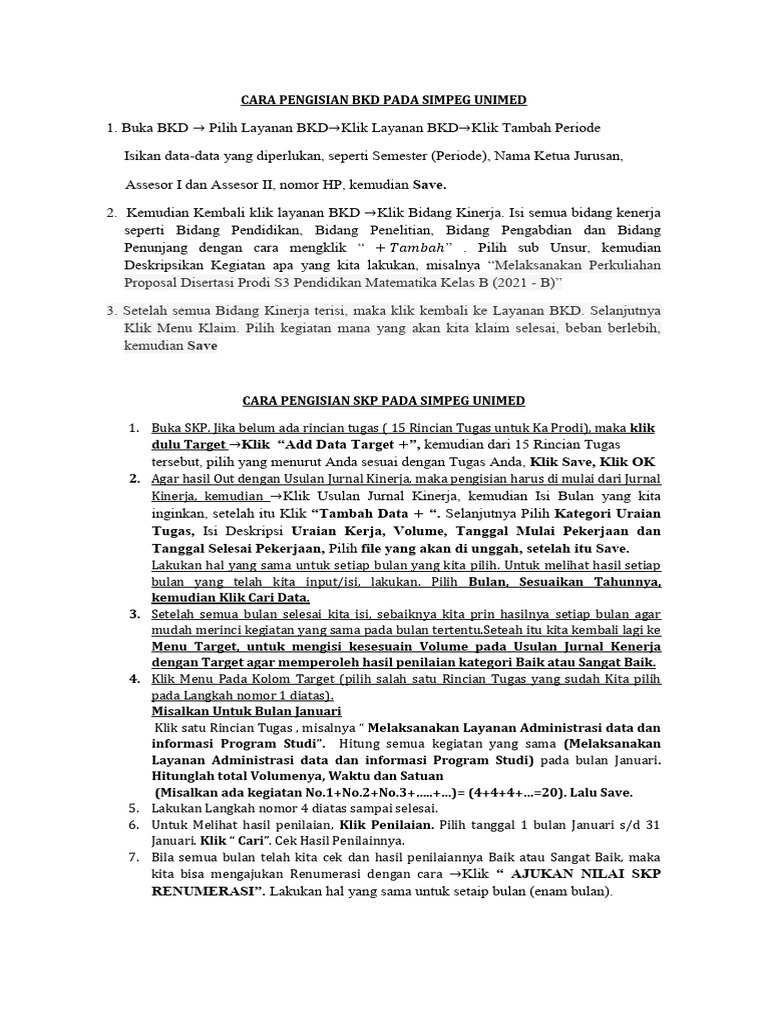 CARA PENGISIAN BKD Dan SKP PADA SIMPEG UNIMED | PDF