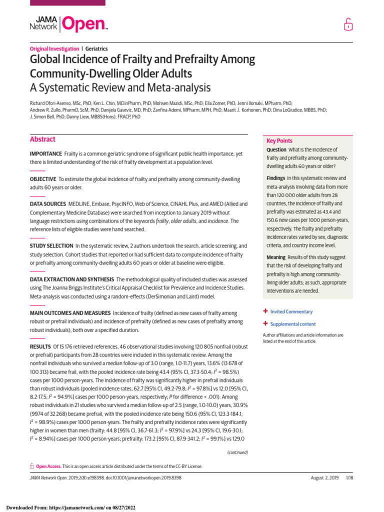 Global Incidence of Frailty and Prefrailty Among Community-Dwelling Older Adults - A Systematic ...