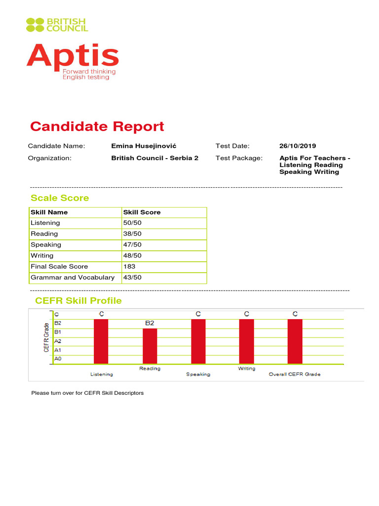 APTIS Certifikat o Nivou Poznavanja Engleskog Jezika | PDF | Speech | Cognition
