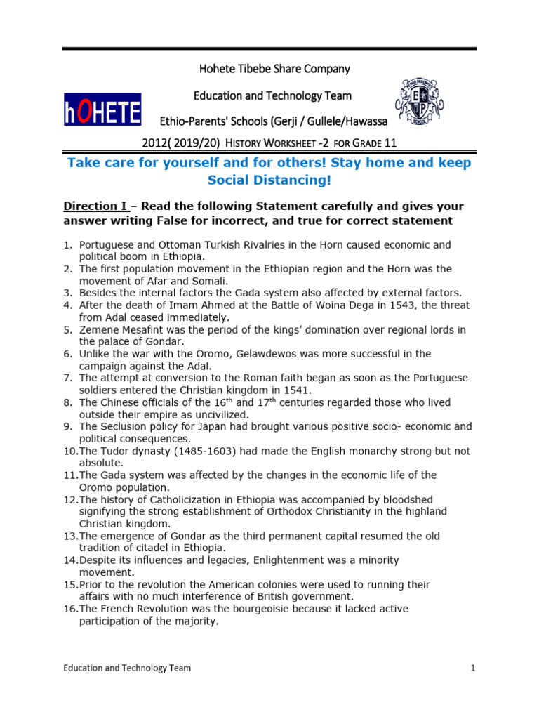 Grade 11 History Worksheet 2 | PDF | Ethiopia | Horn Of Africa