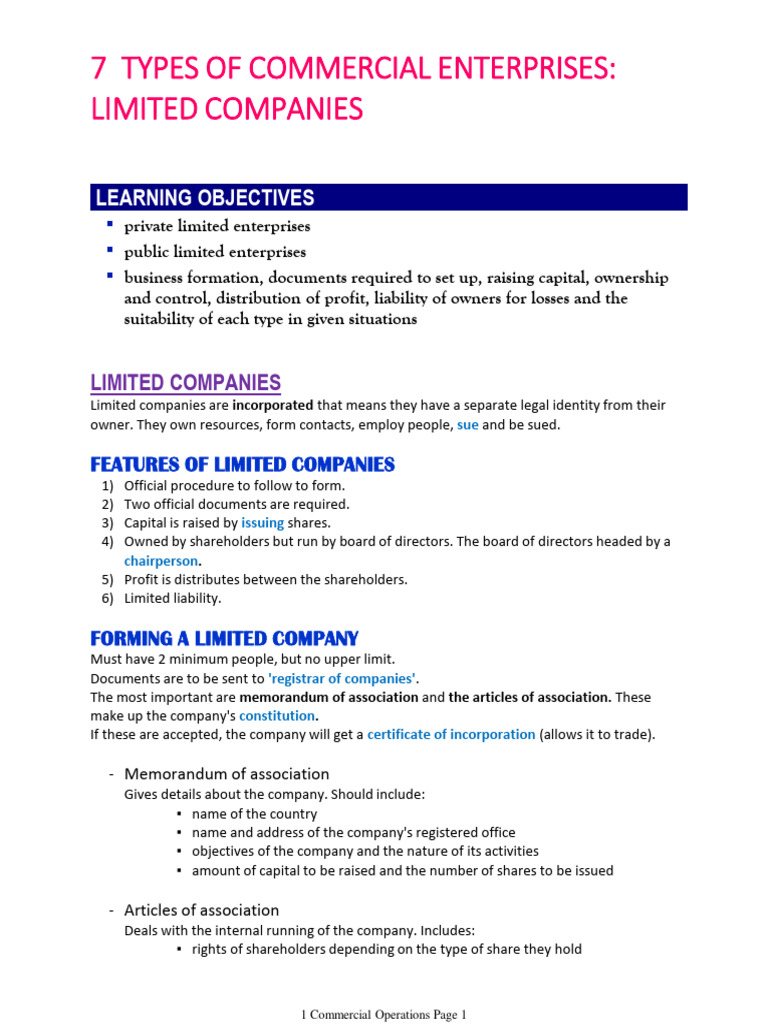 7 Types of Commercial Enterprises Limited Companies | PDF | Articles Of ...