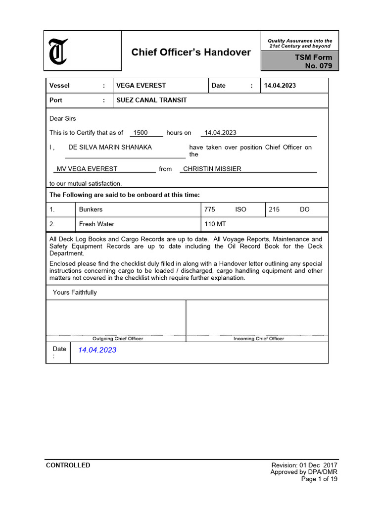 TSM Form 079 - Chief Officer's Handover | PDF | Oil Tanker | Firefighting