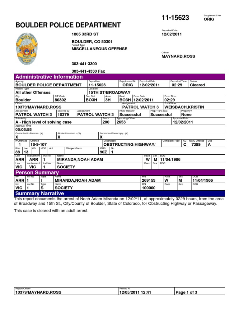 Arrest of Noah Adam Miranda | PDF | Broadway (Manhattan) | Crime & Violence