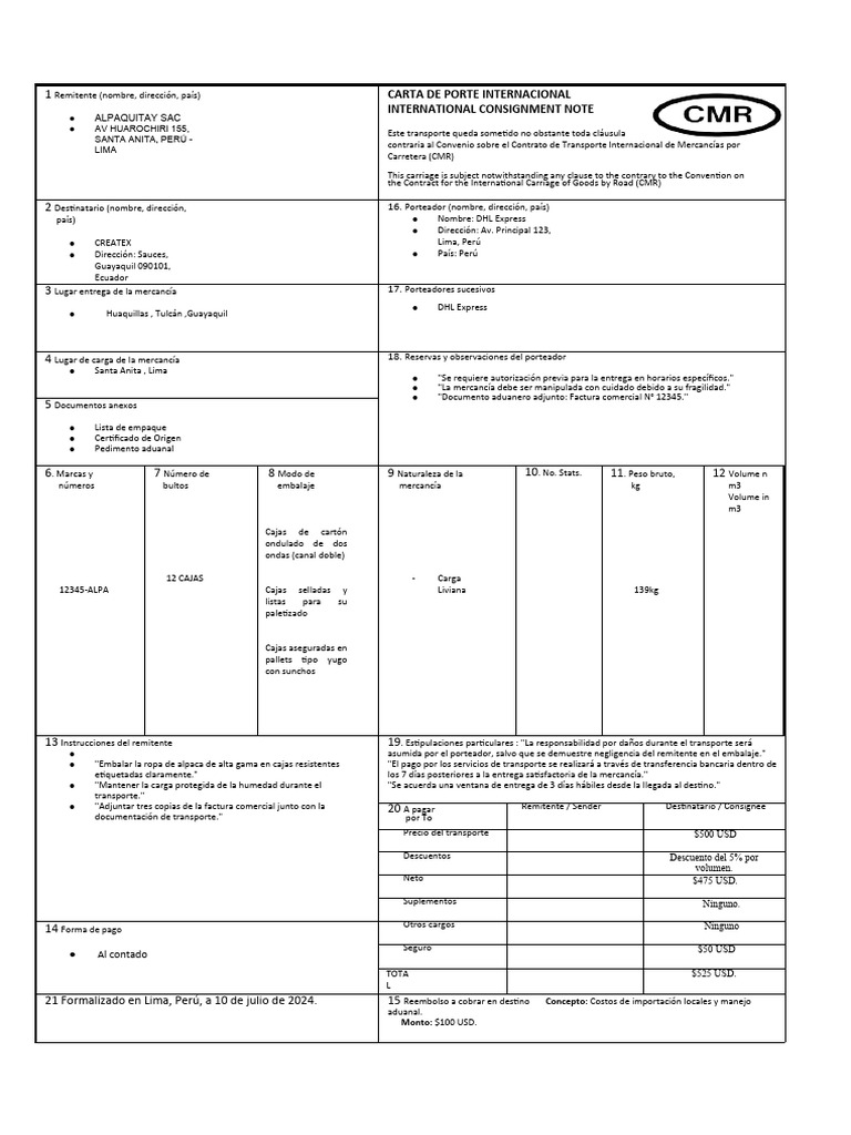 Modelo de Carta Porte Internacional (1) | PDF
