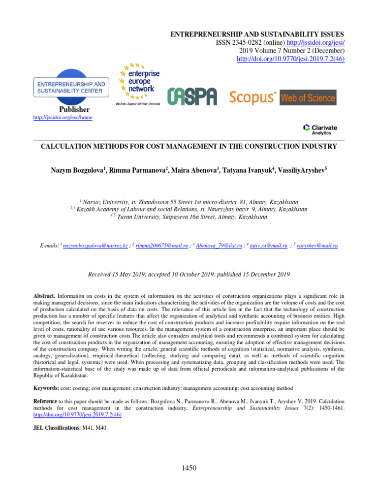 Bozgulova Calculation Methods for Cost Management in the Construction ...