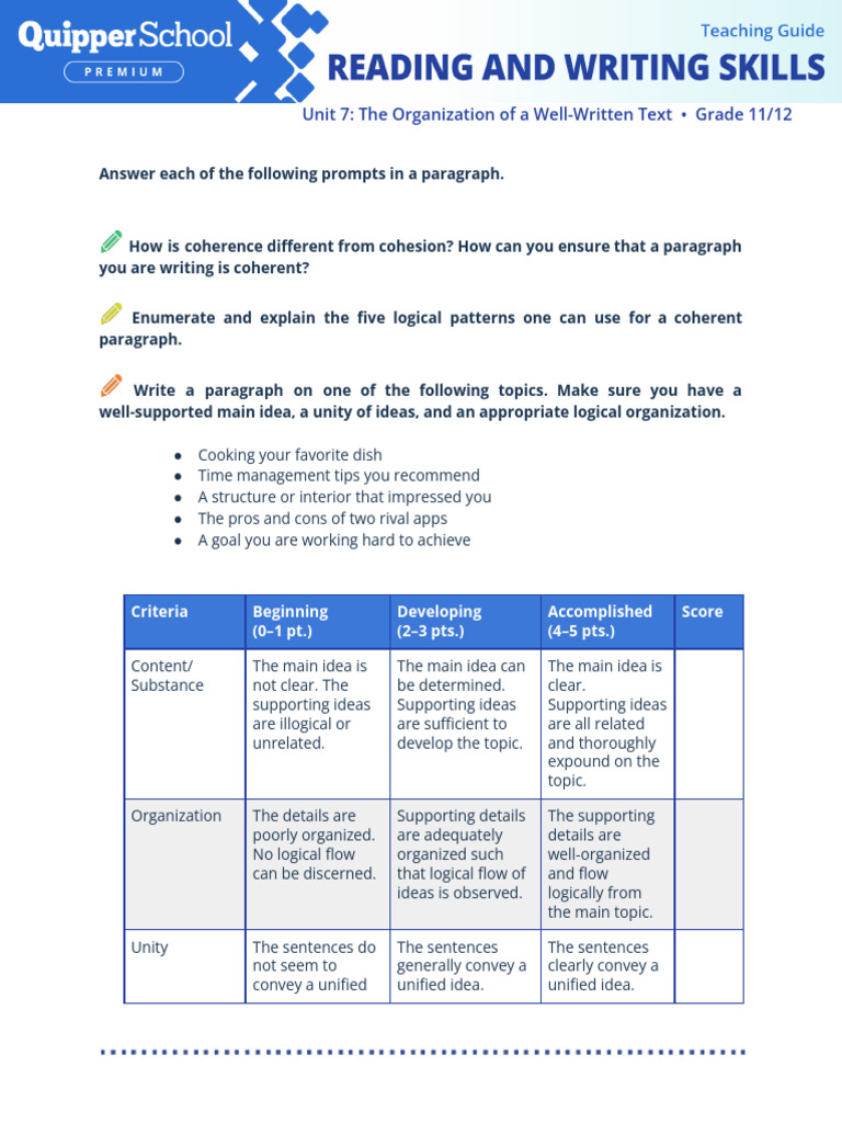 PDF Texts RW Unit 7 Lesson 3 Coherence in a Paragraph Writing Prompts ...