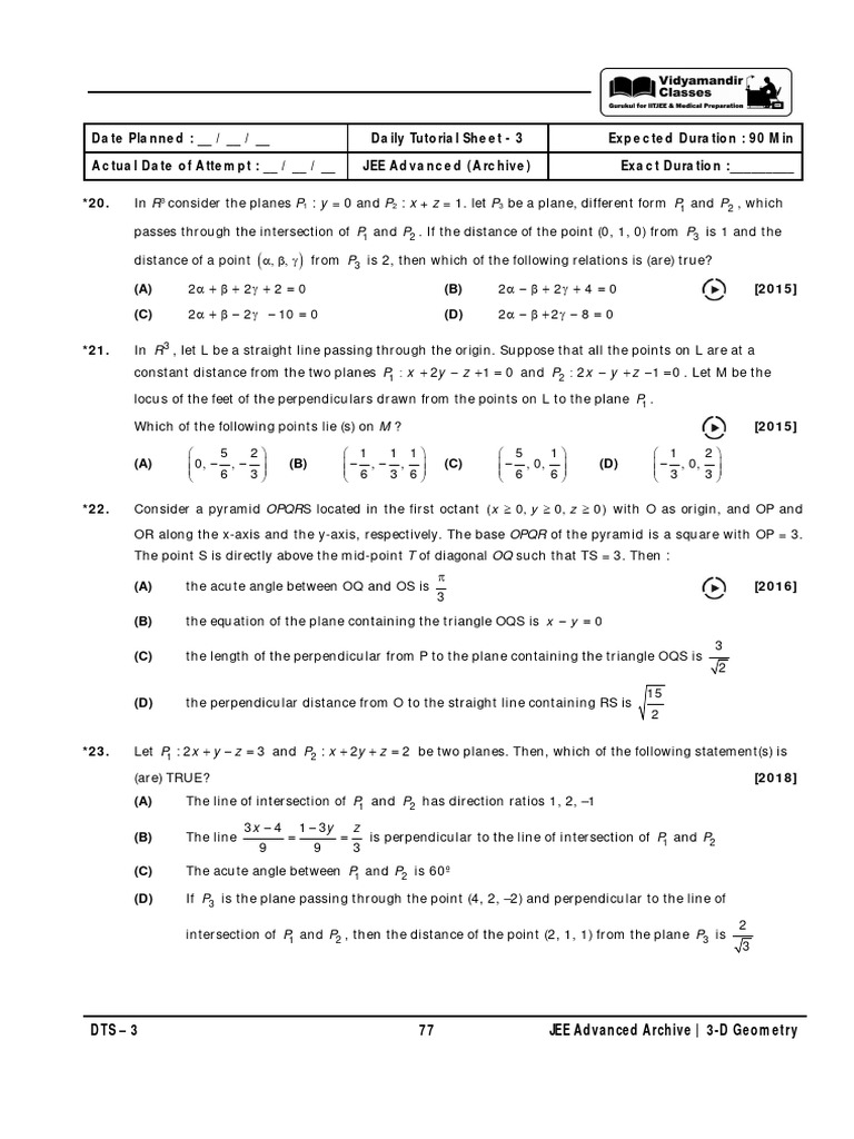 3-D Geometry-Adv (Archive) - DTS-3 | PDF | Perpendicular | Cartesian ...