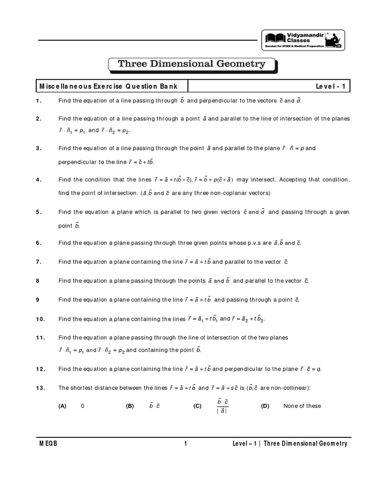 3-D Geometry-Miscellaneous Exercise | PDF | Line (Geometry) | Tetrahedron