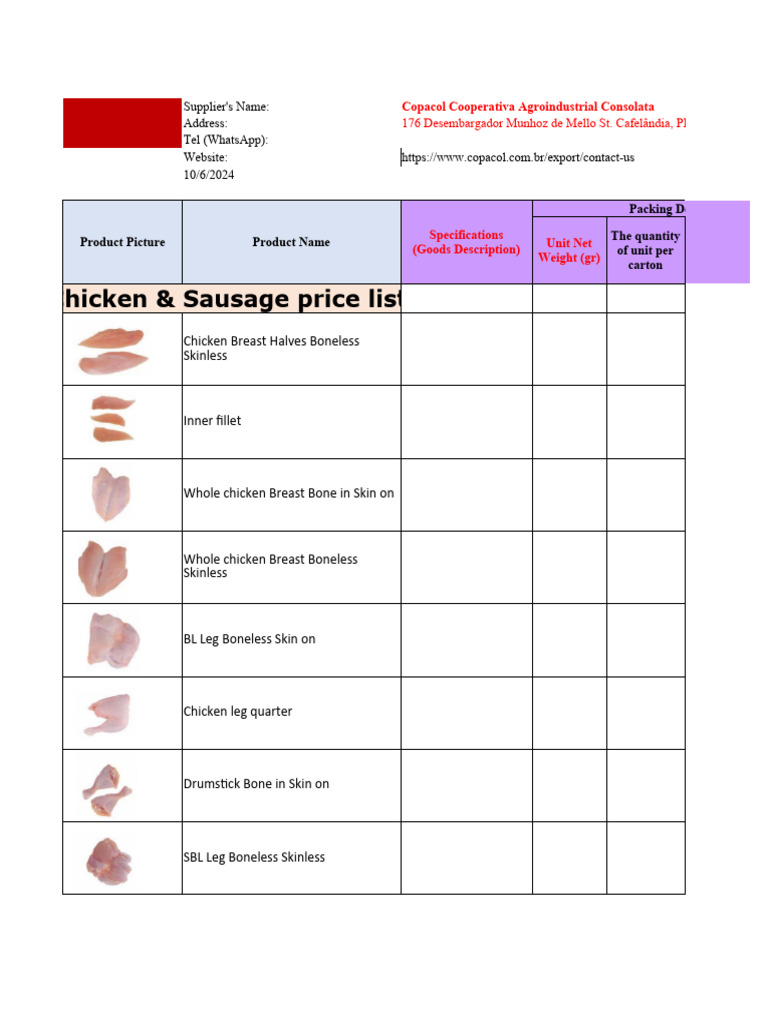 Copacol - Chicken & Sausage Price List | PDF | Meat | Poultry